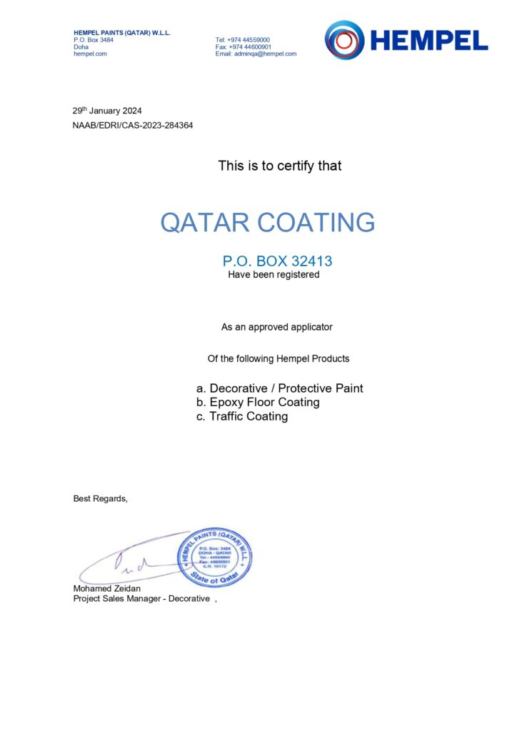 QA/QC Certificate – Qatar Coating Co. & Suroor Baliyoor