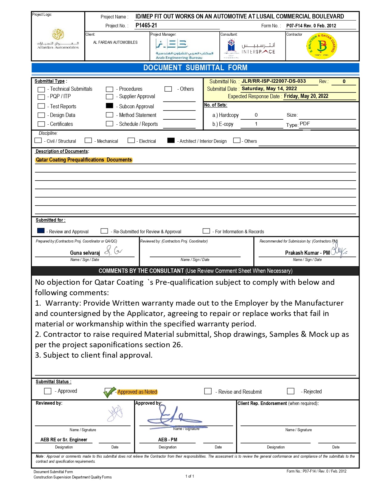 Client – Submittal Approval – Qatar Coating Co. & Suroor Baliyoor