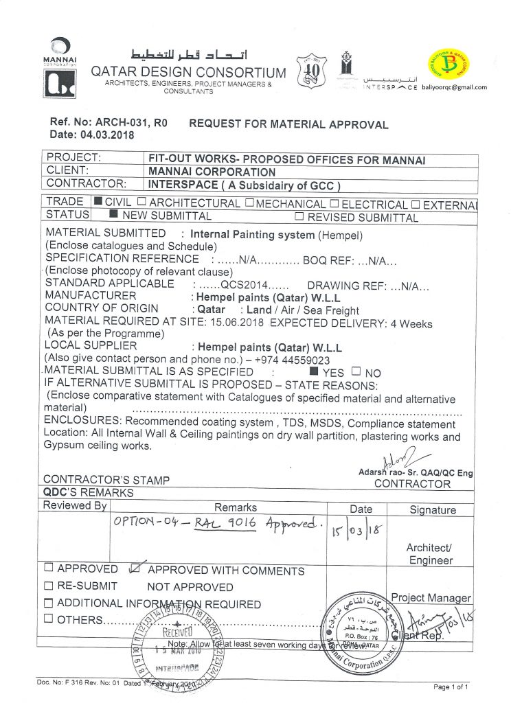 Client – Submittal Approval – Qatar Coating Co. & Suroor Baliyoor