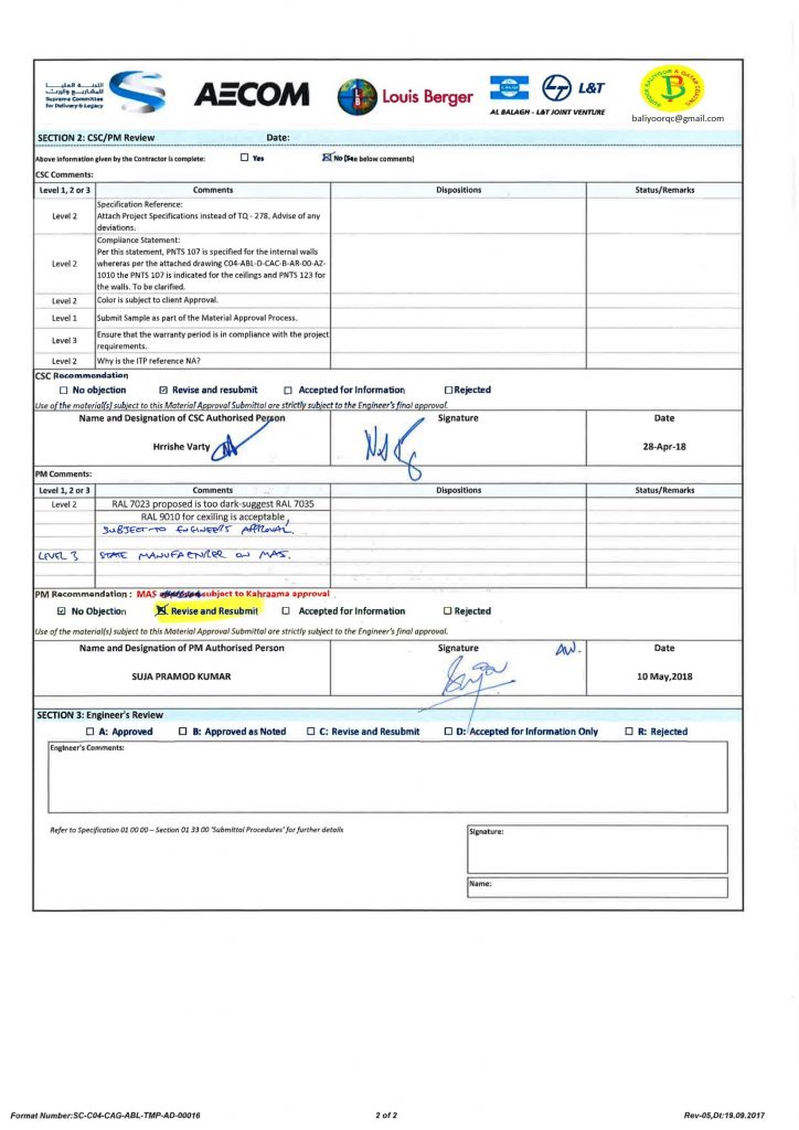 Client – Submittal Approval – Qatar Coating Co. & Suroor Baliyoor