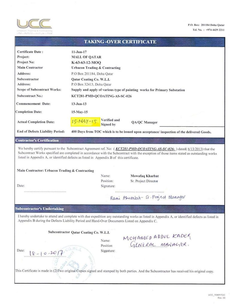 Final Certificate – Qatar Coating Co. & Suroor Baliyoor